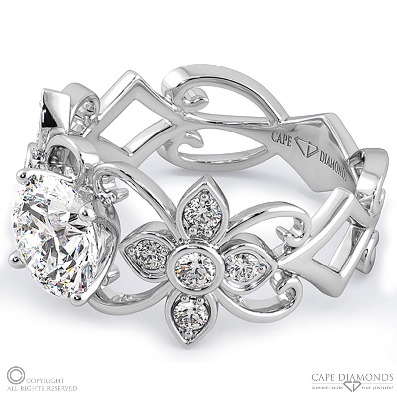 Four Claw Solitaire Filigree Natural Diamond Engagement Ring White Gold ...