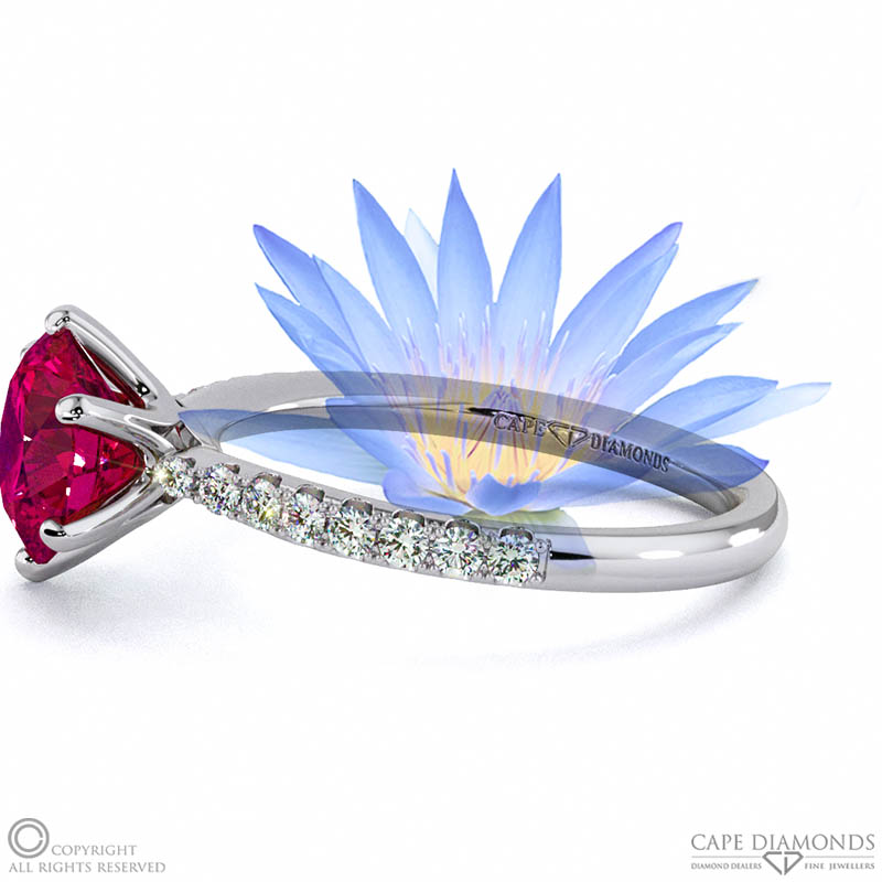 Water Lily Ruby Side Stone Engagement Ring White Gold | Cape Diamonds