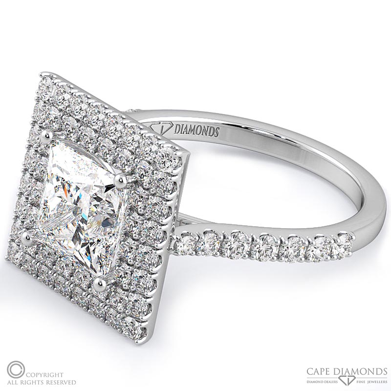 Princess Cut Natural Diamond Double Halo Engagement Ring White Gold ...