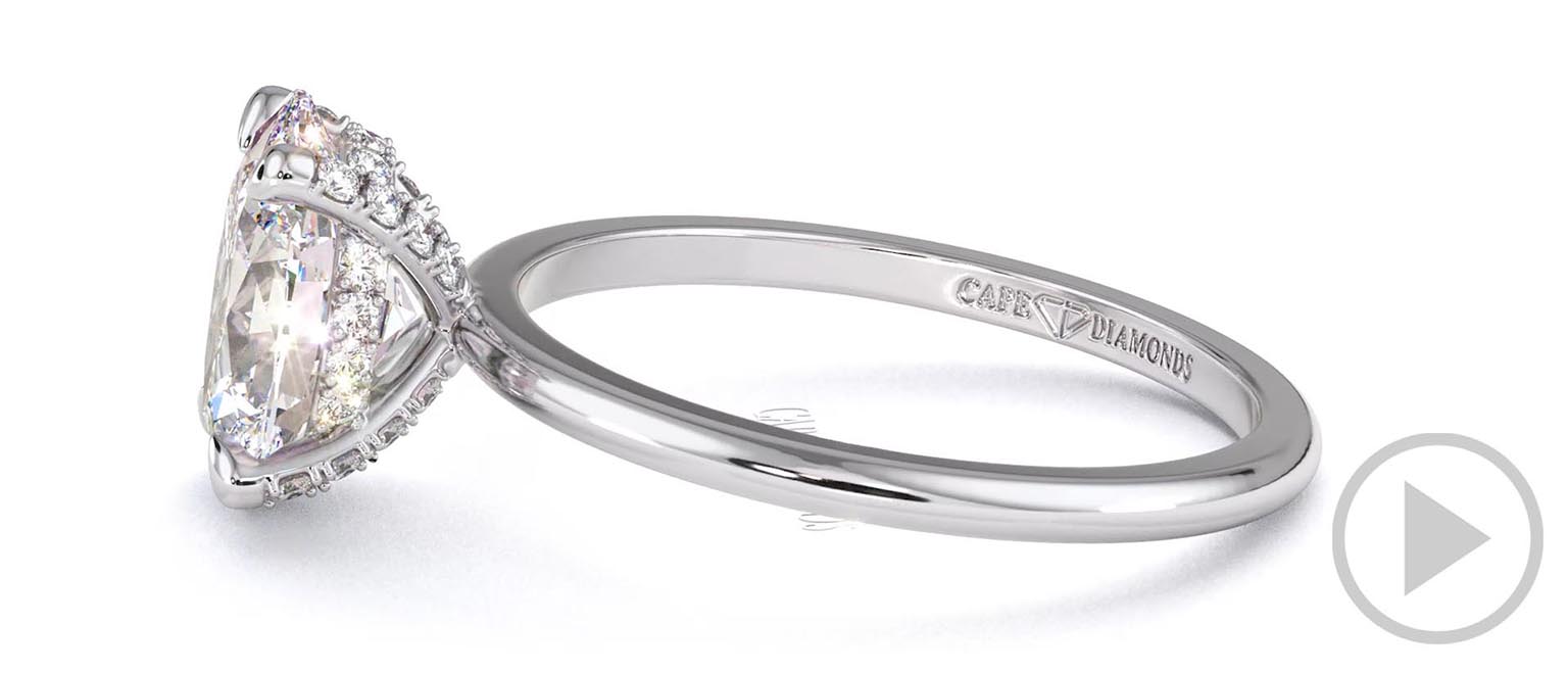 Oval Natural Diamond Four Claw Hidden Halo Pavé Engagement Ring White ...