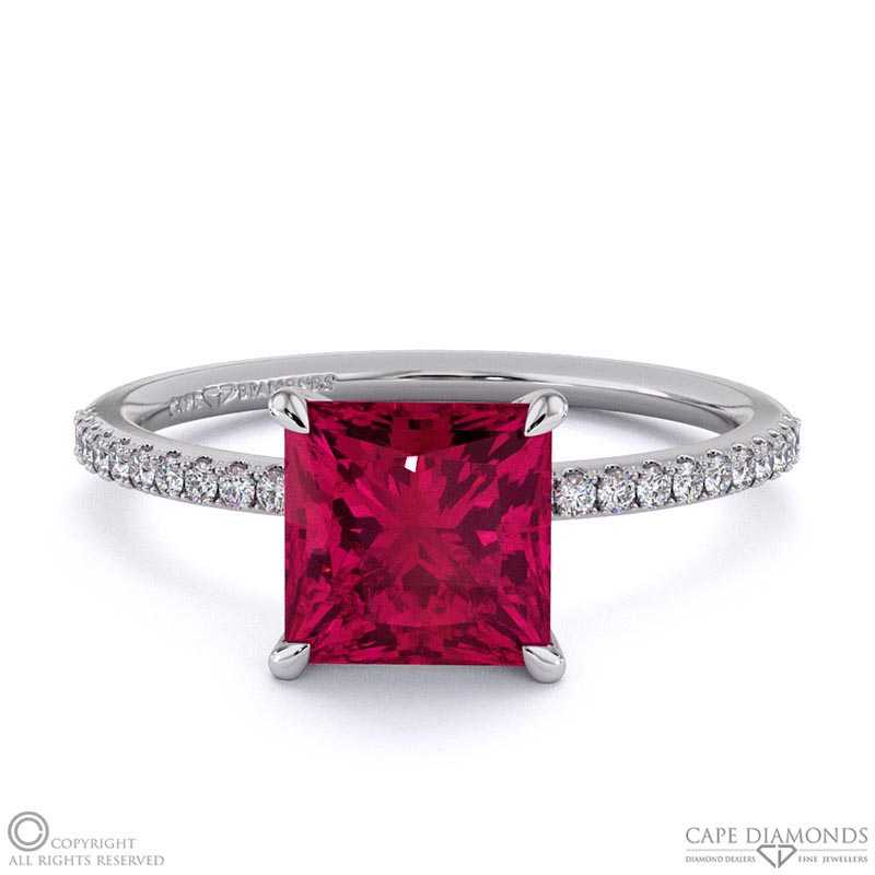 Ruby Princess Side Stone Claw Engagement Ring White Gold | Cape Diamonds