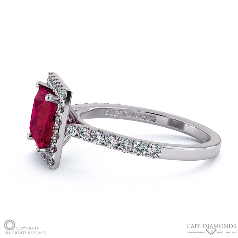 Ruby Halo Princess Shaped Side Stone Engaement Ring White Gold | Cape ...