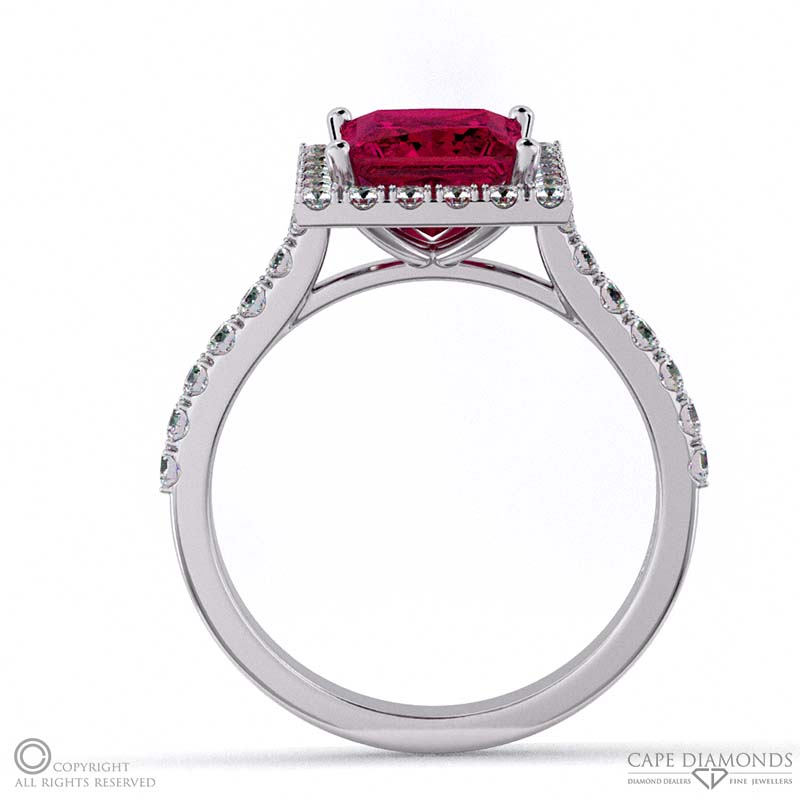 Ruby Halo Princess Shaped Side Stone Engaement Ring White Gold | Cape ...