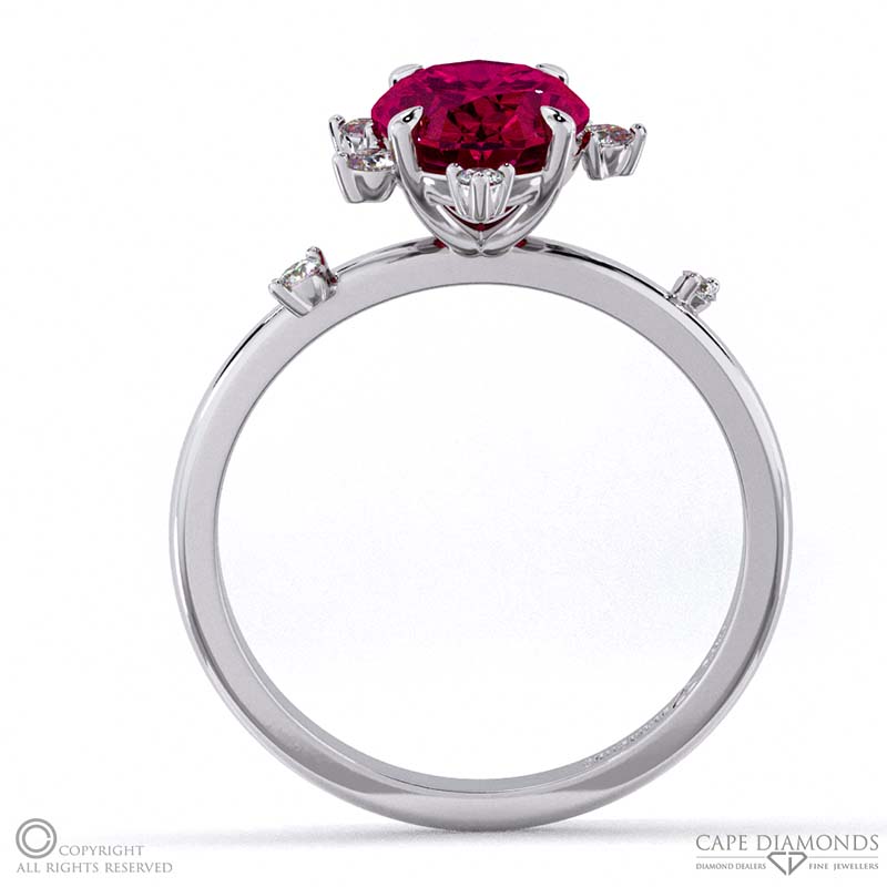 Pleiades Star Ruby Oval Engagement Ring White Gold | Cape Diamonds