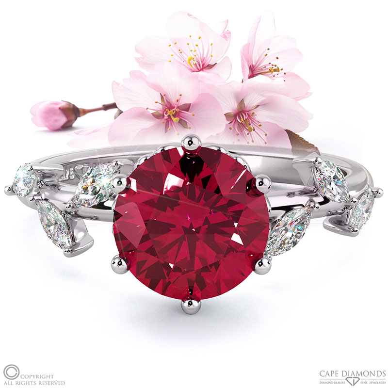 Cherry Blossom Ruby Side Stone Engagement Ring White Gold | Cape Diamonds