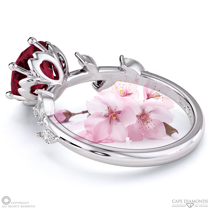 Cherry Blossom Ruby Side Stone Engagement Ring White Gold | Cape Diamonds