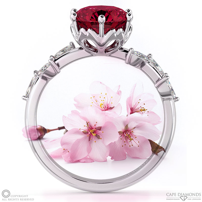 Cherry Blossom Ruby Side Stone Engagement Ring White Gold | Cape Diamonds