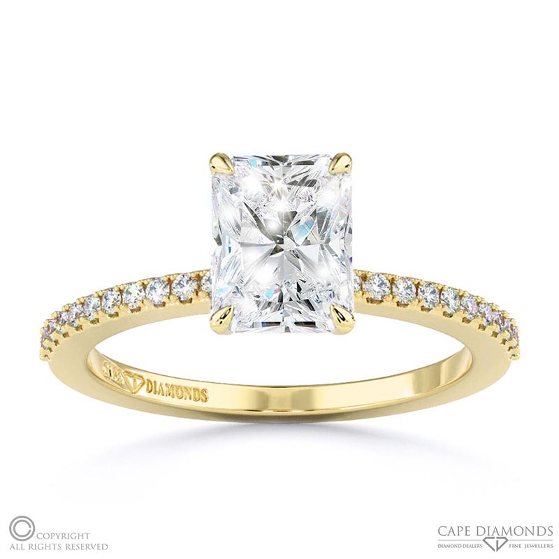 Moissanite Radiant Hidden Halo Four Claw Engagement Ring Yellow Gold ...
