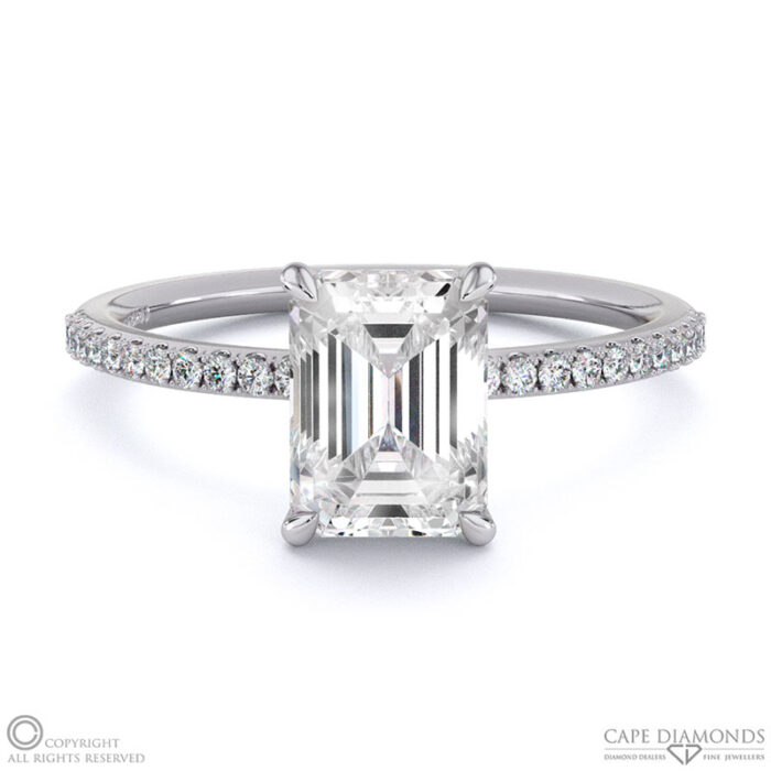 Lab Grown Diamond Emerald Cut Hidden Halo Side Stones Engagement Ring ...