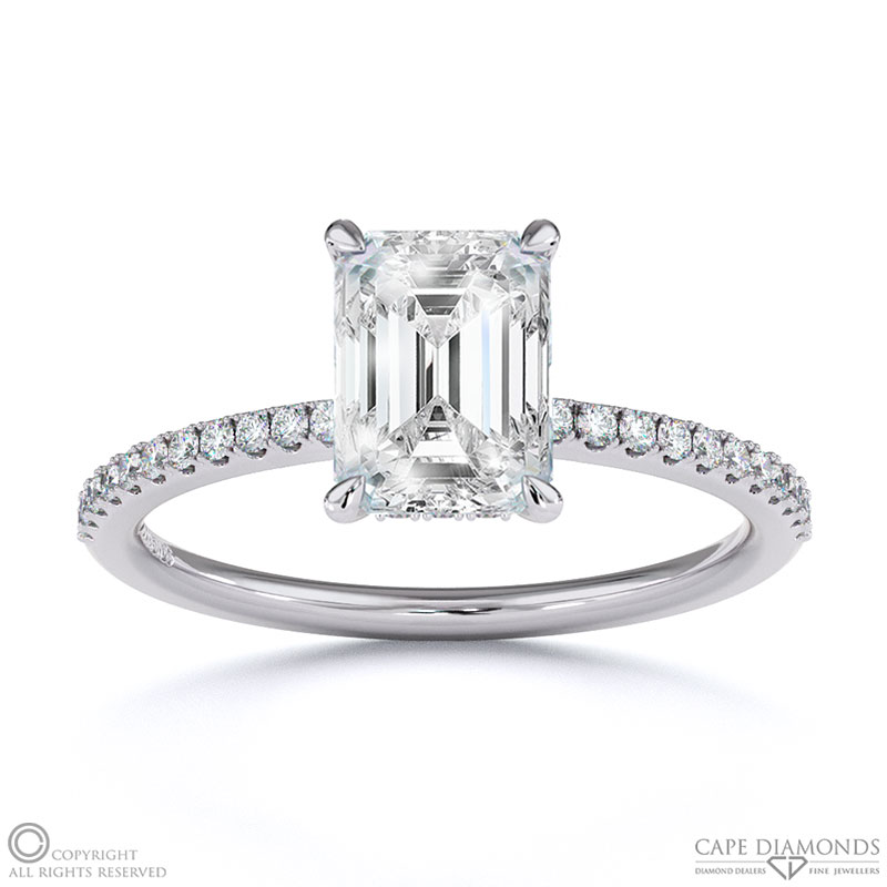 Lab Grown Diamond Emerald Cut Hidden Halo Side Stones Engagement Ring ...