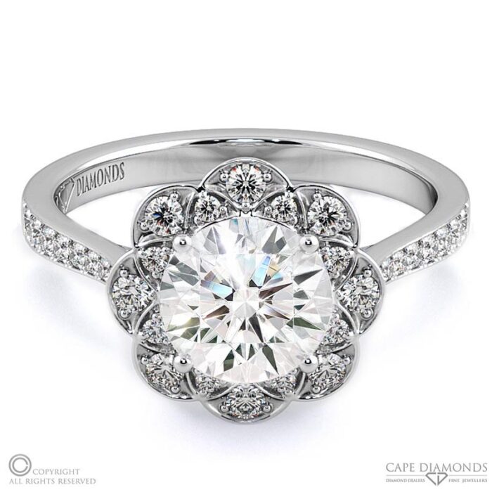 Floral Flower Halo Natural Diamond Engagement Ring White Gold Cape
