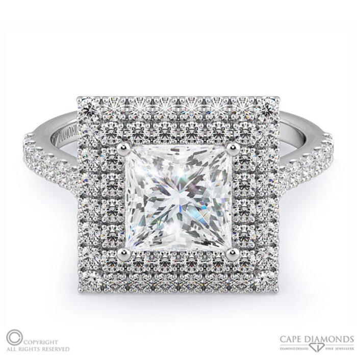 Princess Cut Natural Diamond Double Halo Engagement Ring White Gold ...