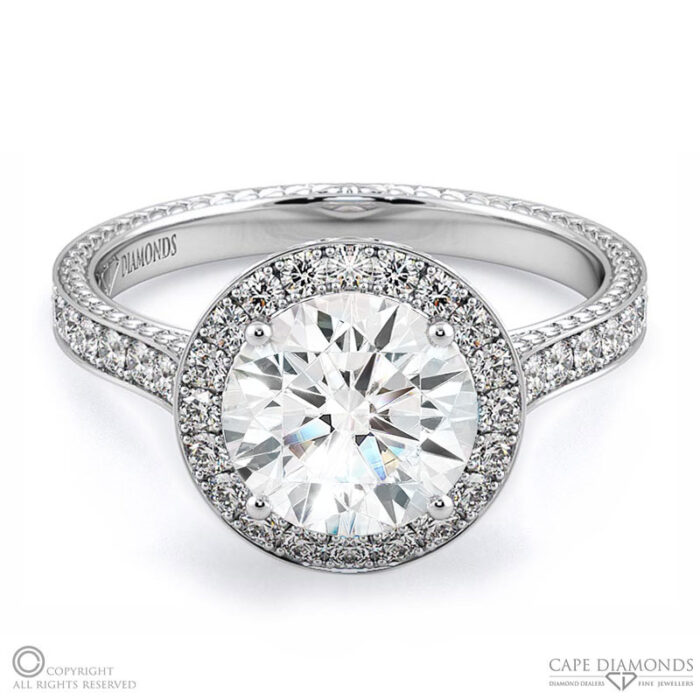 Engraved Halo Round Natural Diamond Engagement Ring White Gold | Cape ...