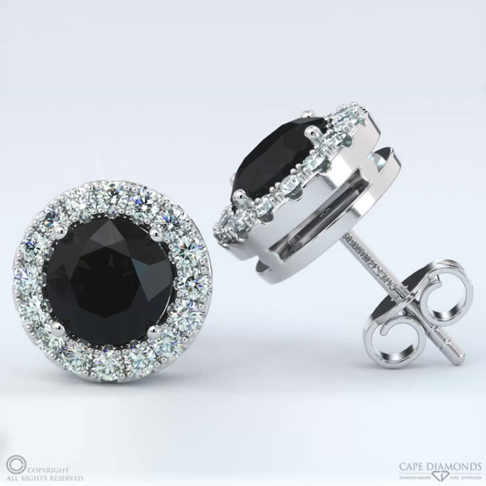 Natural Black Diamond And Small Diamond Halo White Gold Earrings – Cape ...