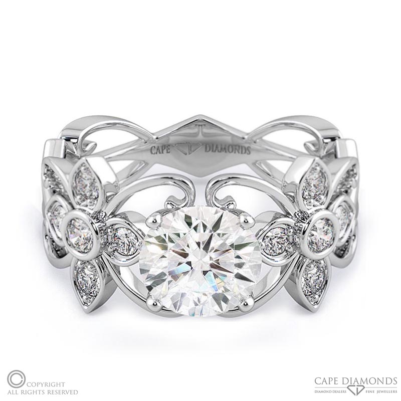 Four Claw Solitaire Filigree Natural Diamond Engagement Ring White Gold ...