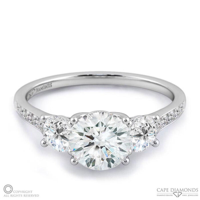 Round Natural Diamond Trilogy Pavé Set Engagement Ring White Gold ...