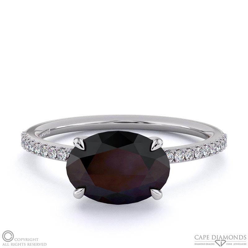 Black Lab Grown Diamond East West Oval Cut Sidestones Engagement Ring ...