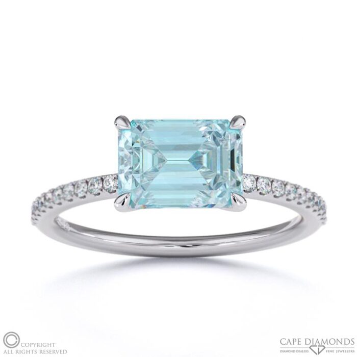 Aquamarine Emerald Cut Pave East To West Engagement Ring White Gold ...