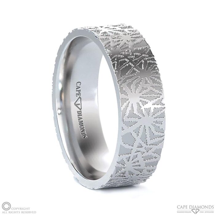 White Gold Bespoke Brushed Tattoo Men’s Wedding Rings | Cape Diamonds