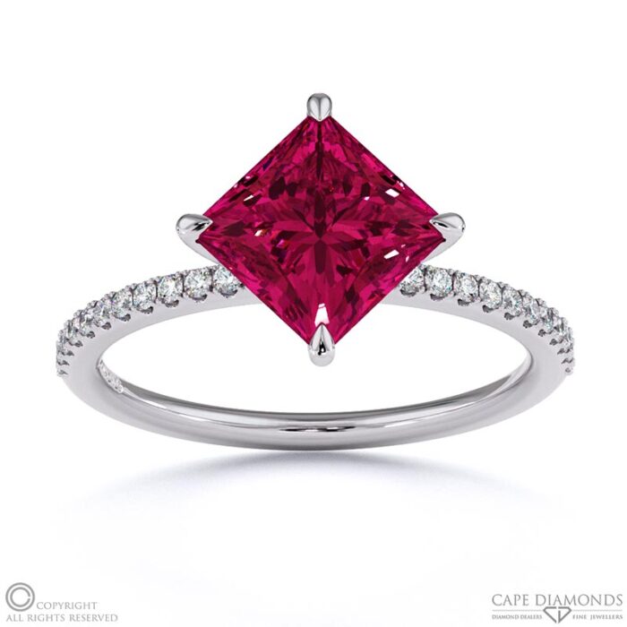 Ruby East West Princess Cut Sidestones Engagement Ring White Gold ...