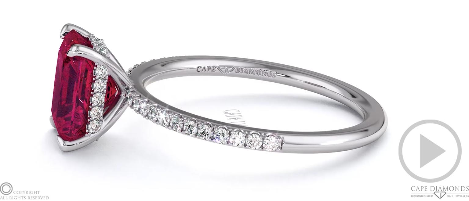 Ruby Radiant Cut Hidden Halo Side Stones Engagement Ring White Gold ...