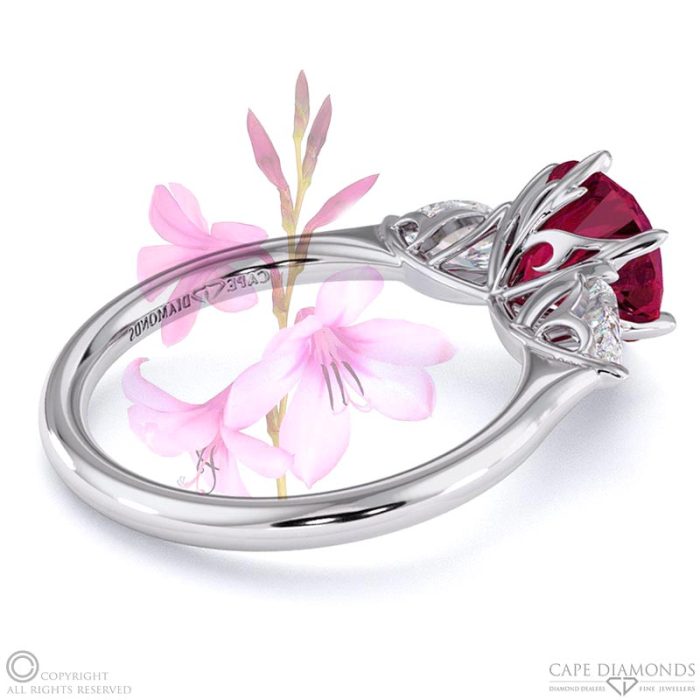Watsonia Ruby Round Pear Trilogy Engagement Ring White Gold | Cape Diamonds