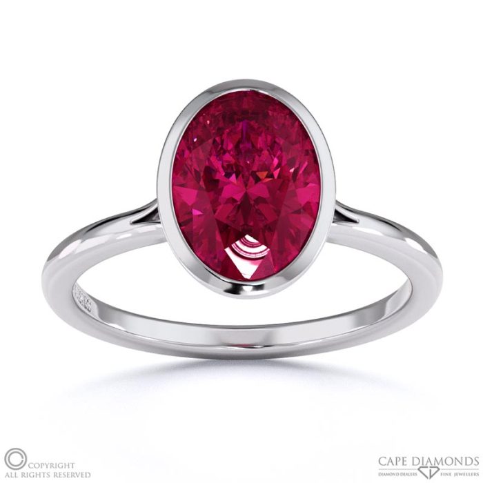 Spinel Oval Cut Bezel Setting Split Band White Gold Engagement Ring ...