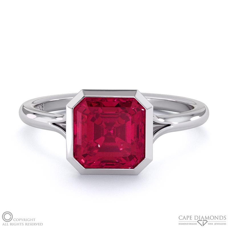 Ruby Asscher Cut Bezel Setting Split Band White Gold Engagement Ring ...