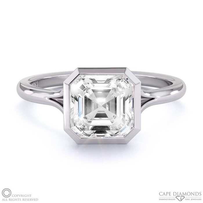 Moissanite Asscher-Cut Bezel Setting Split Band White Gold Engagement ...