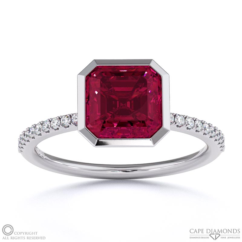 Ruby Asscher Cut Basket Bezel Setting Pave White Gold Engagement Ring ...
