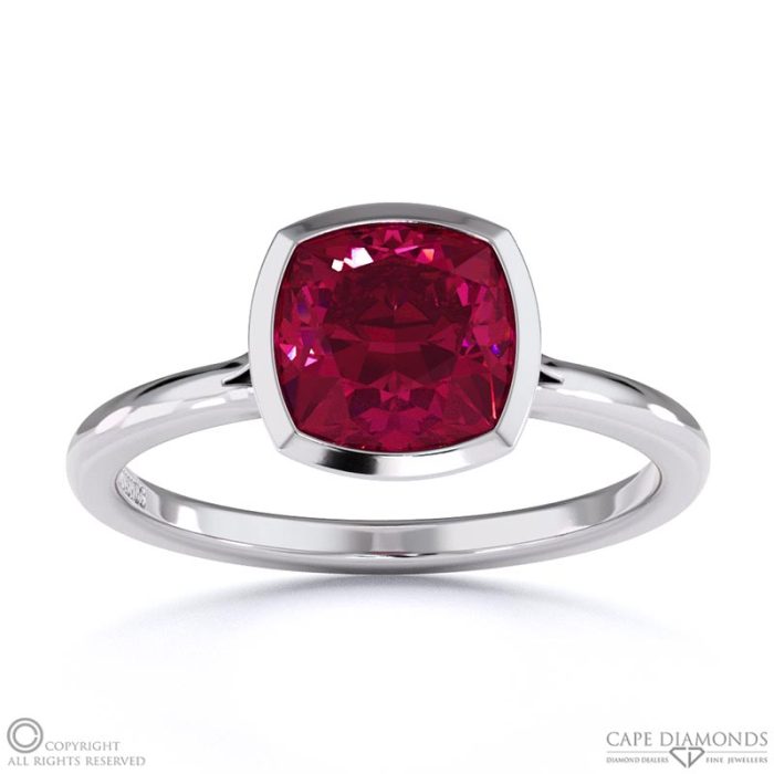 Ruby Cushion Cut Bezel Setting Split Band White Gold Engagement Ring ...