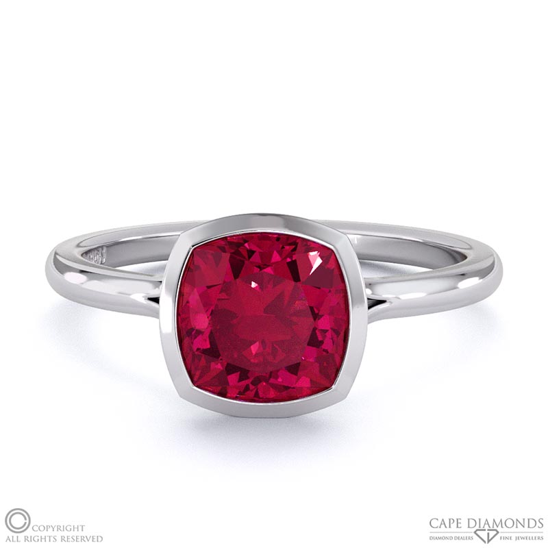 Ruby Cushion Cut Bezel Setting Split Band White Gold Engagement Ring ...