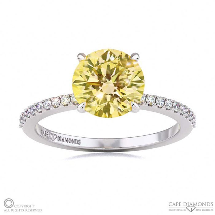 Yellow Lab Grown Diamond Four Claw Hidden Halo Side Diamond Engagement ...